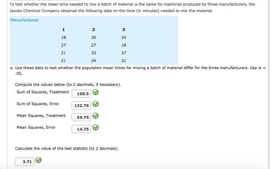 Solved To test whether the mean time needed to mix a batch | Chegg.com