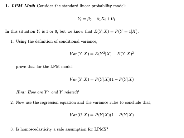 1. LPM Math Consider the standard linear probability | Chegg.com