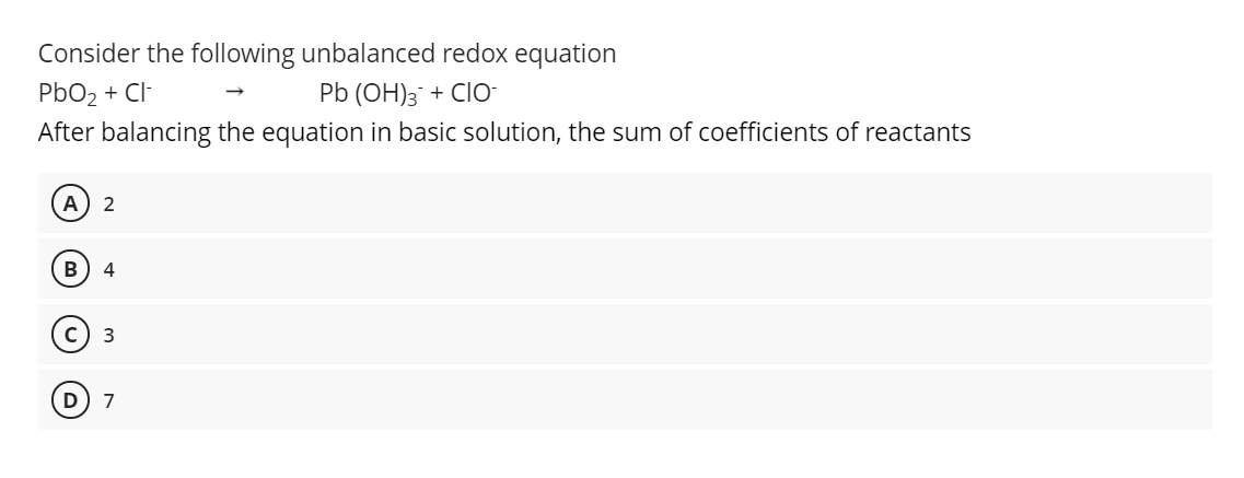 Solved Consider the following unbalanced redox equation PbO2 | Chegg.com