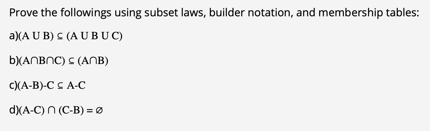 Solved Prove the followings using subset laws, builder | Chegg.com