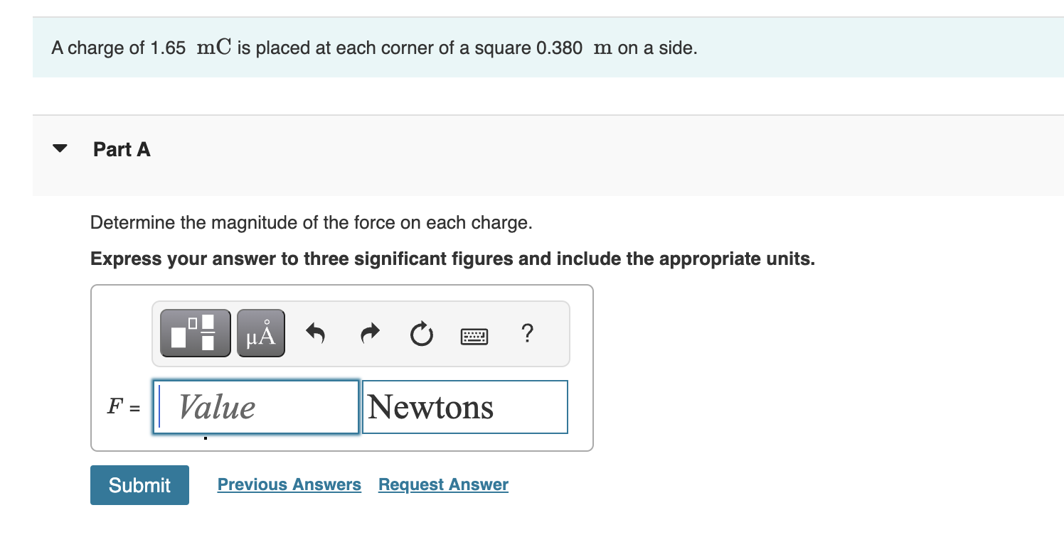 Solved A charge of 1.65 ﻿mC is placed at each corner of a | Chegg.com