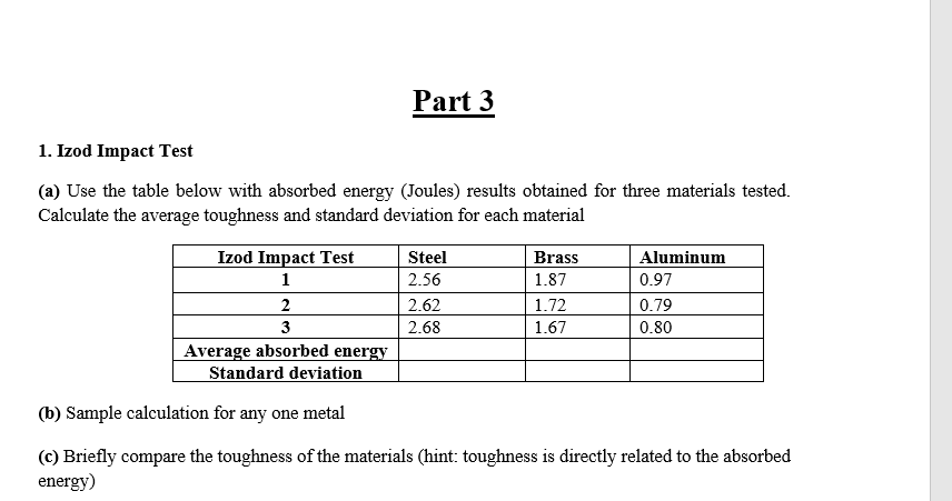 Solved Part 3 1. Izod Impact Test (a) Use the table below | Chegg.com