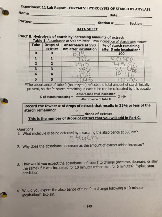 Experiment 11 Lab Report ENzYMES: HYDROLYsIS oF | Chegg.com