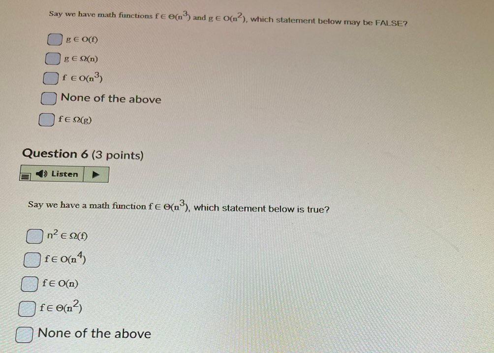 Say we have math functions f∈Θ(n3) and g∈O(n2), which | Chegg.com