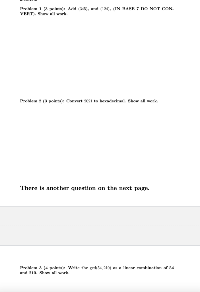 Solved Problem 1 (3 points): Add (345)7 and (124)7 (IN BASE | Chegg.com