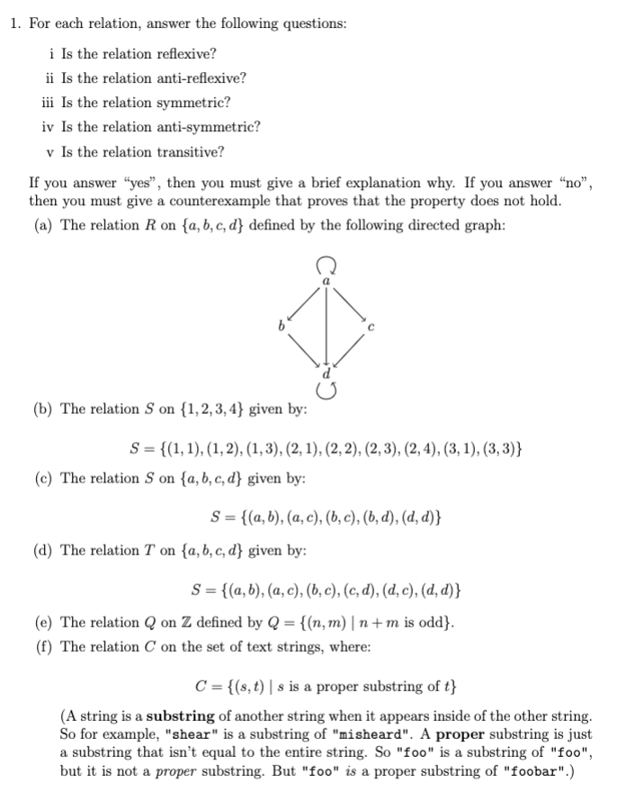 Solved 1. For each relation, answer the following questions: | Chegg.com