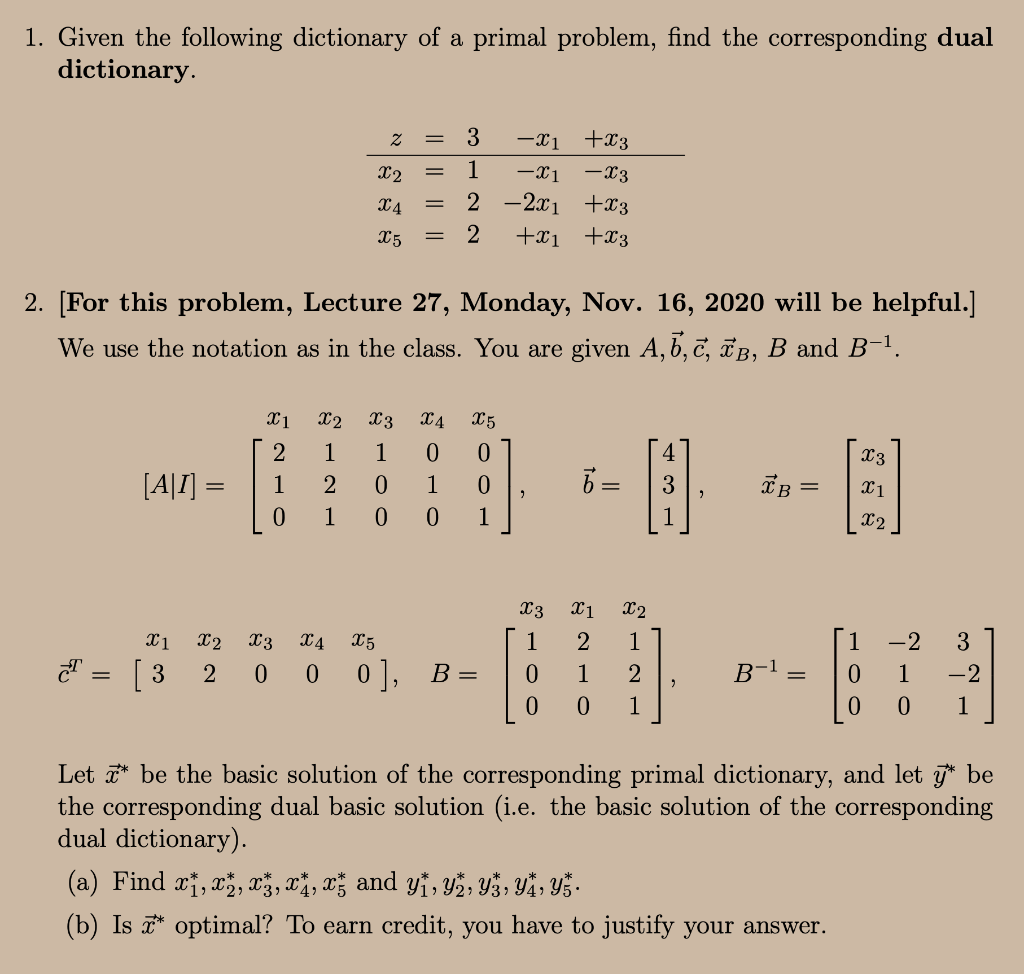 Solved 1. Given the following dictionary of a primal | Chegg.com