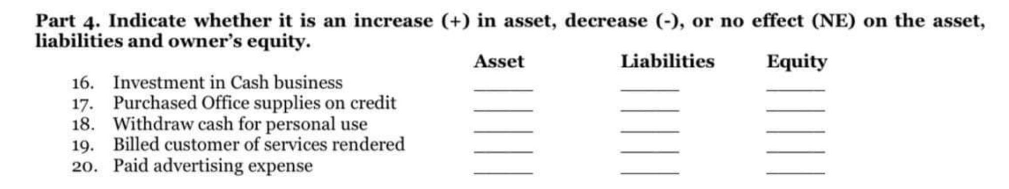 Solved Part 4. Indicate whether it is an increase (+) in | Chegg.com