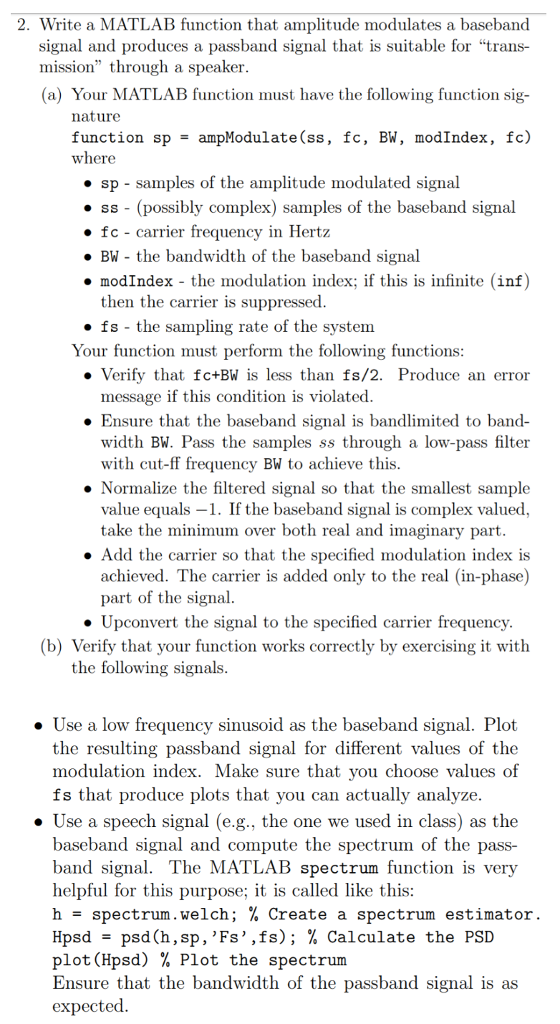 2. Write a MATLAB function that amplitude modulates a | Chegg.com