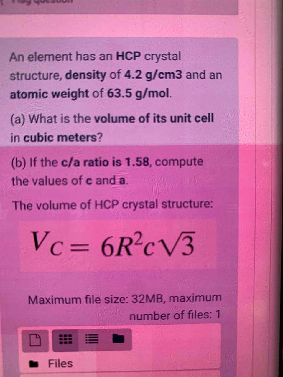 Solved An element has an HCP crystal structure, density of | Chegg.com