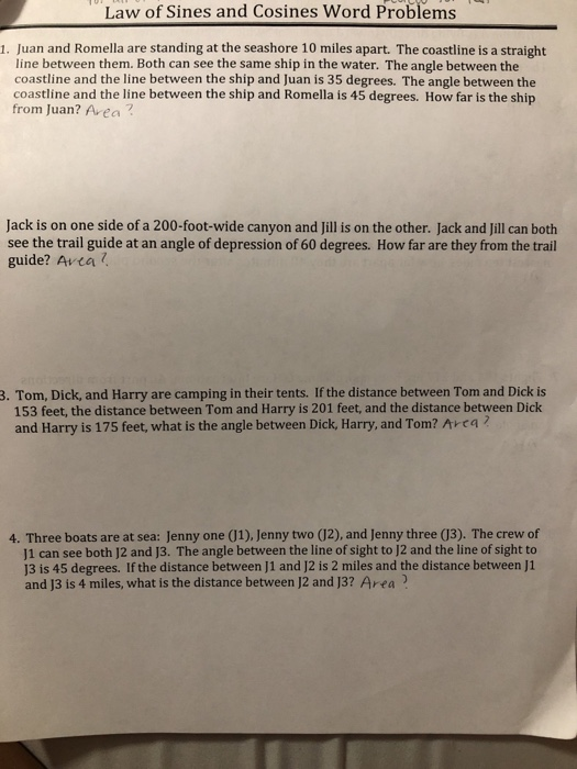 Solved Law of Sines and Cosines Word Problems 1. Juan and | Chegg.com