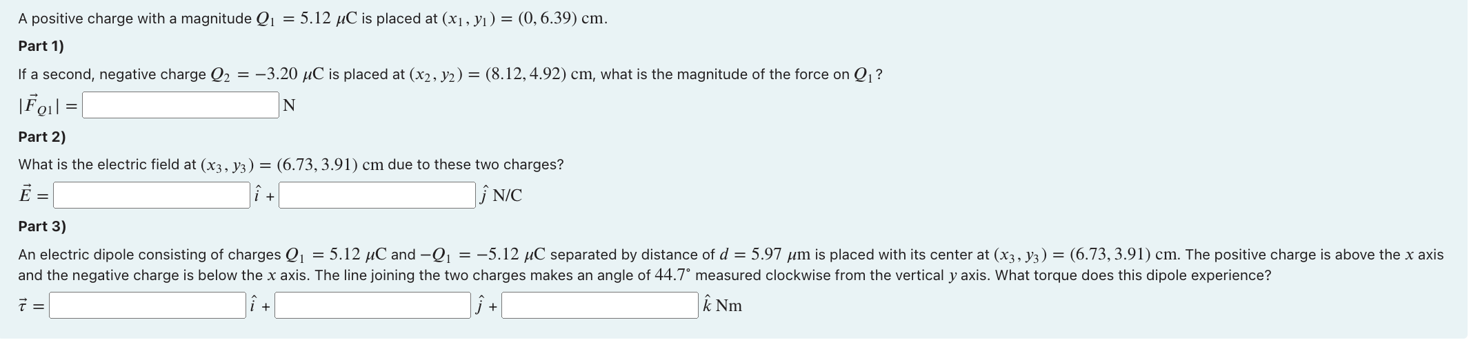Solved A positive charge with a magnitude Q1=5.12μC is | Chegg.com