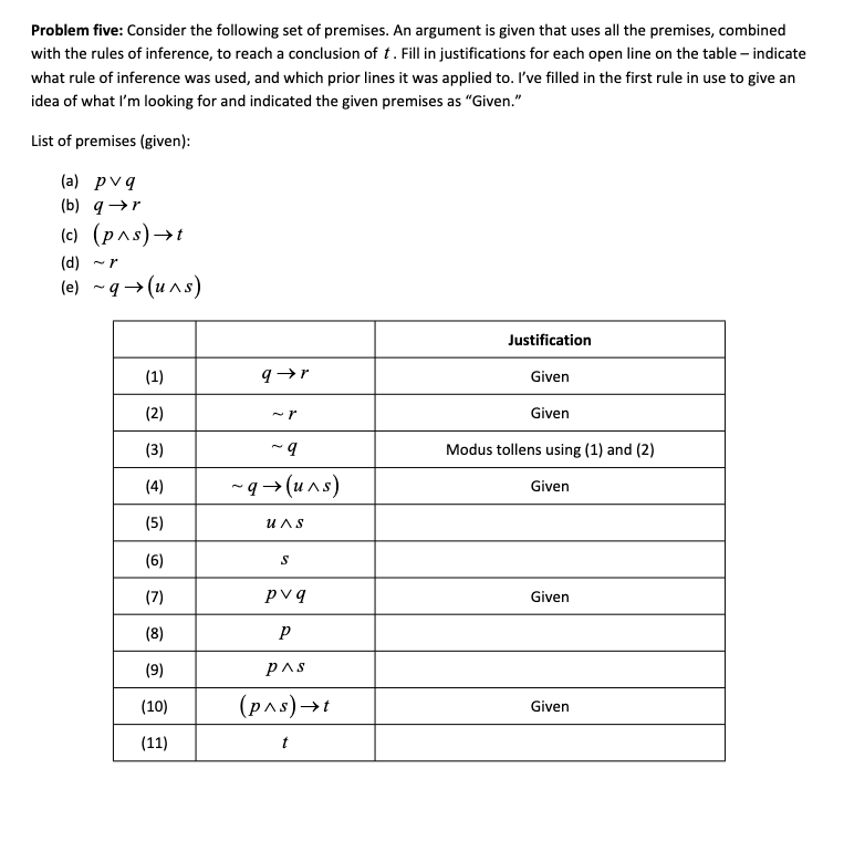Solved Problem five: Consider the following set of premises. | Chegg.com
