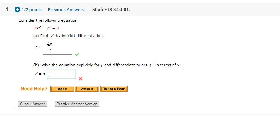 Solved 1. + 1/2 points Previous Answers SCalcET8 3.5.001. | Chegg.com
