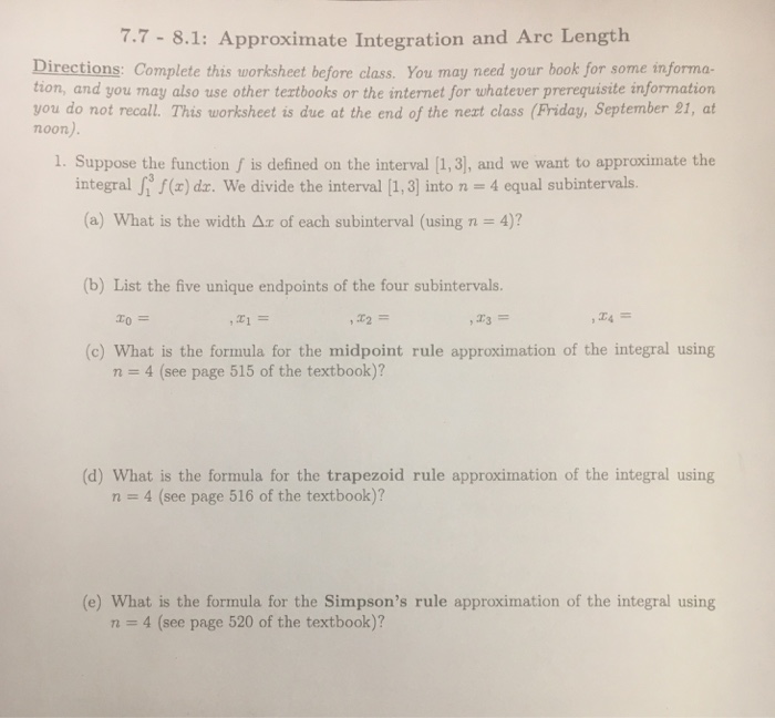 Solved 7.7-8.1: Approximate Integration and Arc Length | Chegg.com