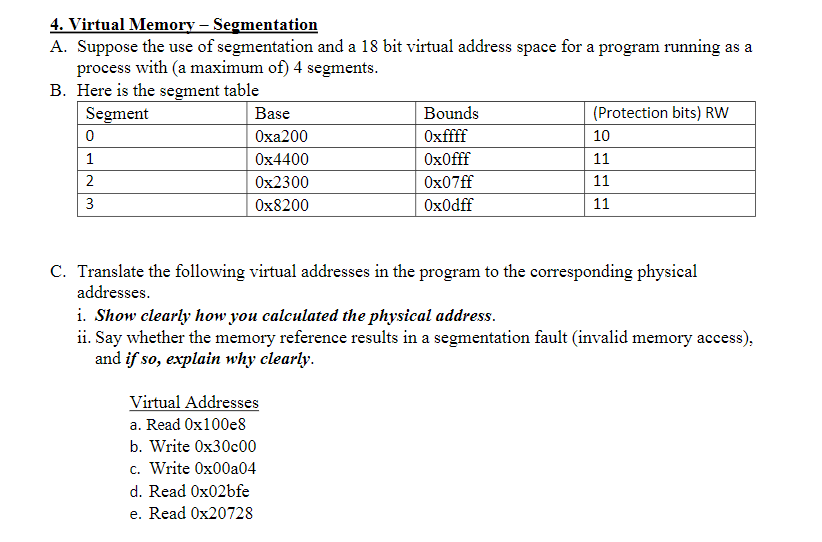 Solved 4. Virtual Memory - Segmentation A. Suppose the use | Chegg.com