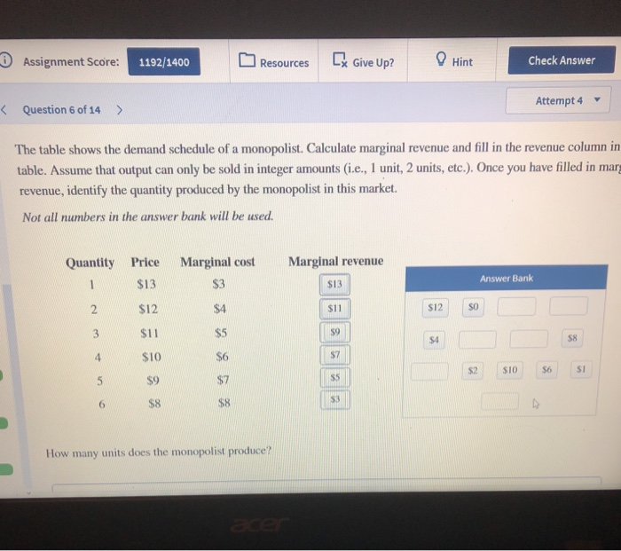 Solved O Assignment Score 1192/1400 Cx Give up? Check Answer | Chegg.com