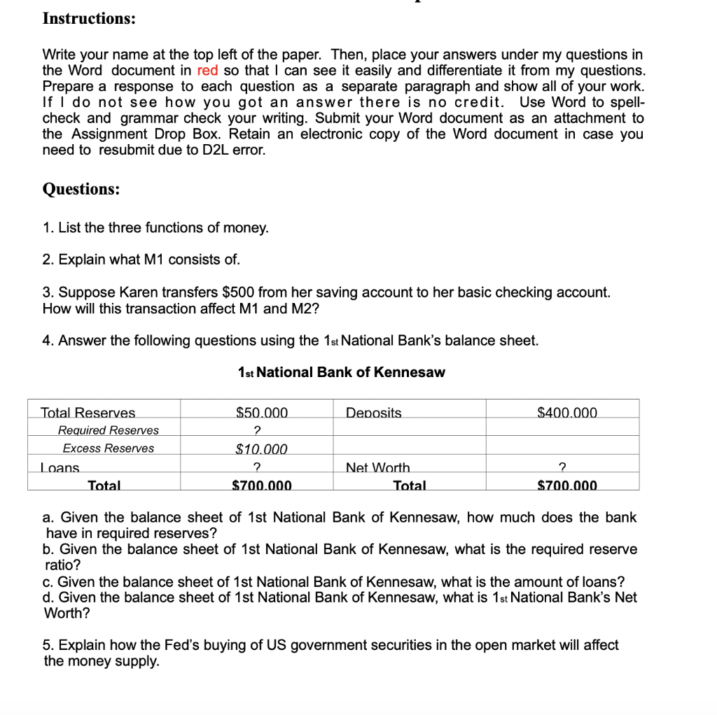 Solved Instructions: Write your name at the top left of the | Chegg.com