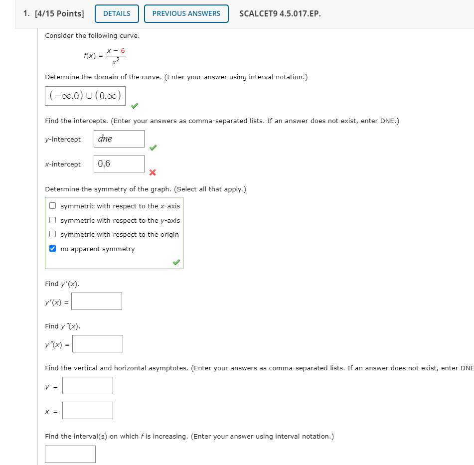 Solved 1. [4/15 Points] DETAILS PREVIOUS ANSWERS SCALCET9 | Chegg.com