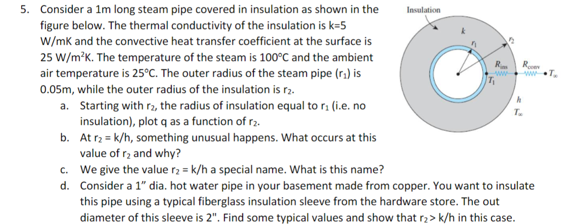 Solved 5. Consider a 1 m long steam pipe covered in | Chegg.com