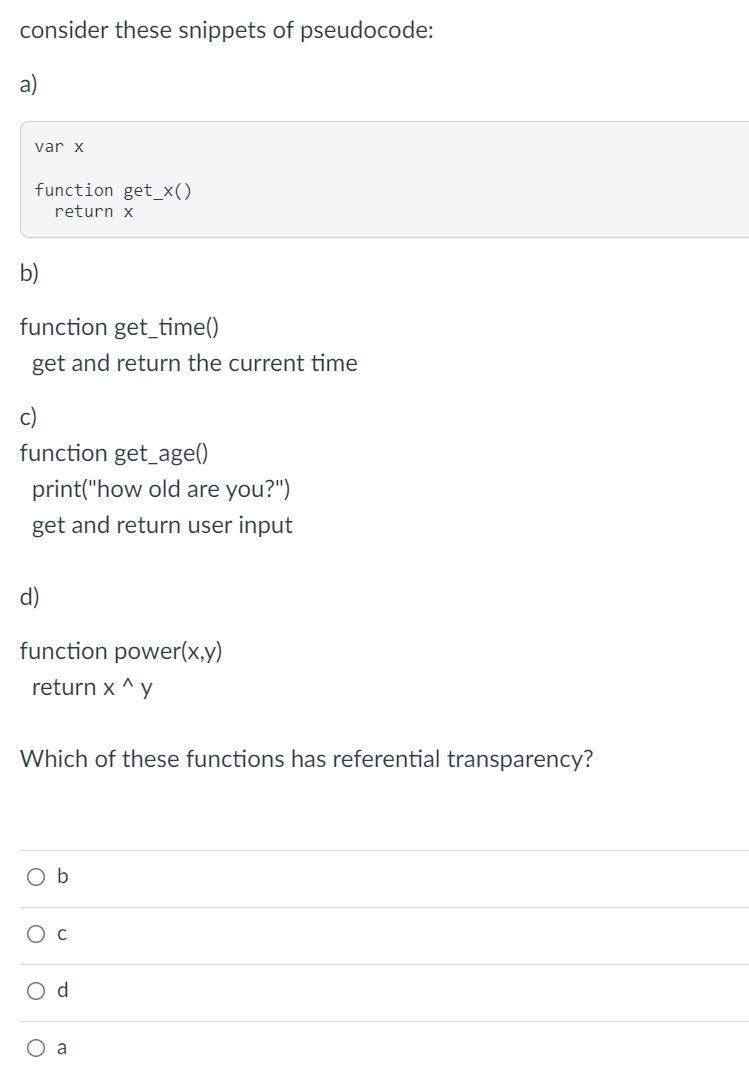 Solved consider these snippets of pseudocode: a) var x | Chegg.com