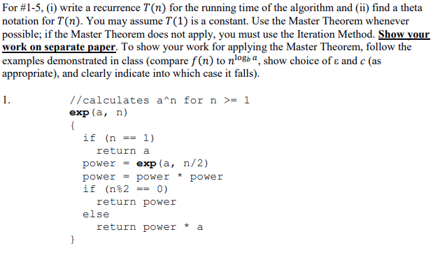 Solved For #1-5, (i) write a recurrence T(n) for the running | Chegg.com