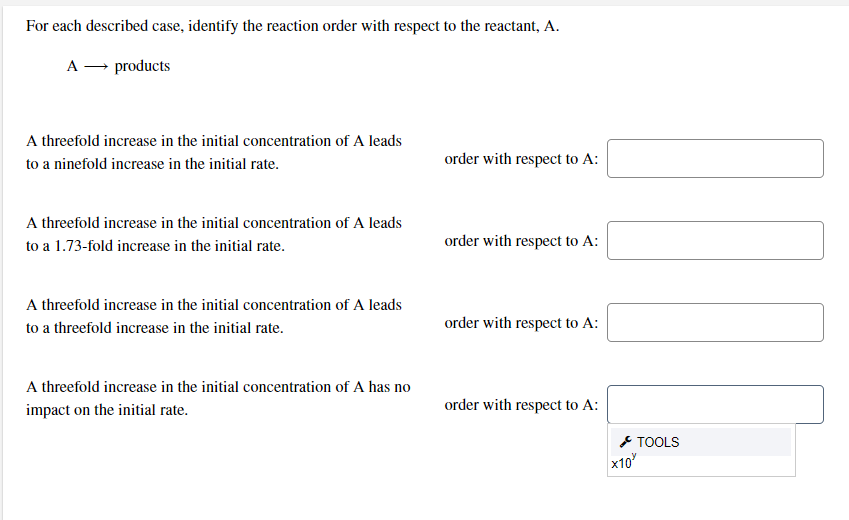 Solved For each described case, identify the reaction order | Chegg.com