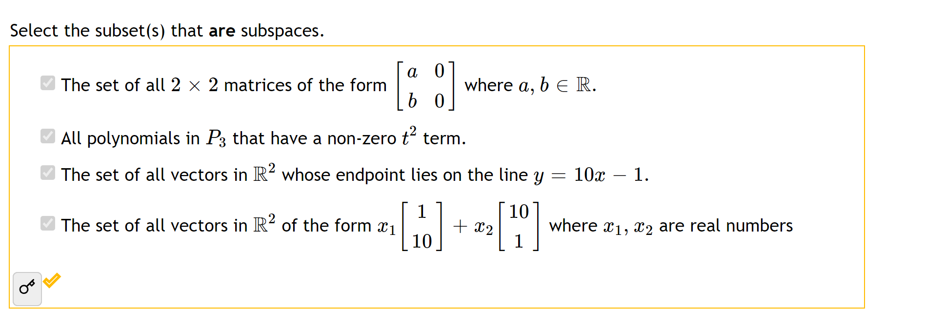 Solved Select the subset(s) that are subspaces. a 0 The set | Chegg.com