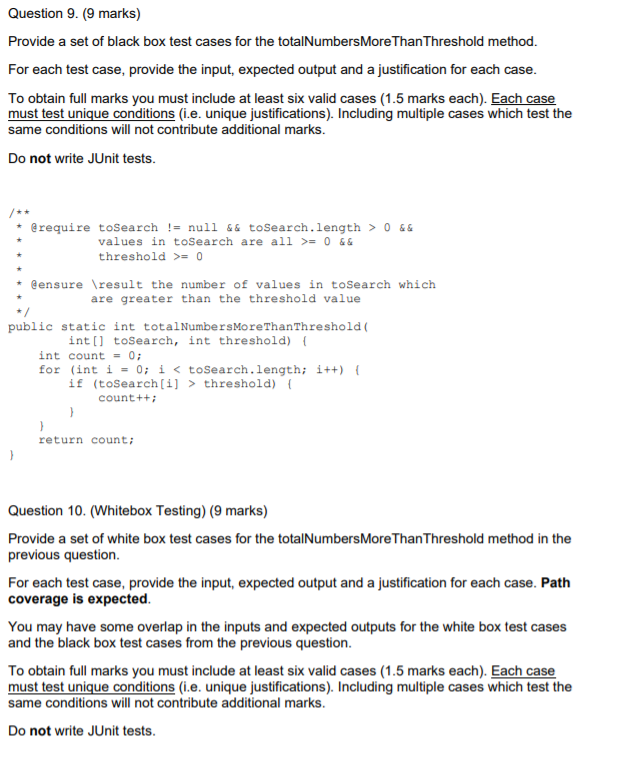 Solved Question 9. (9 marks) Provide a set of black box test | Chegg.com