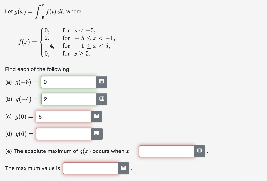 Solved Let g(x)=∫−5xf(t)dt, where f(x)=⎩⎨⎧0,2,−4,0, for x