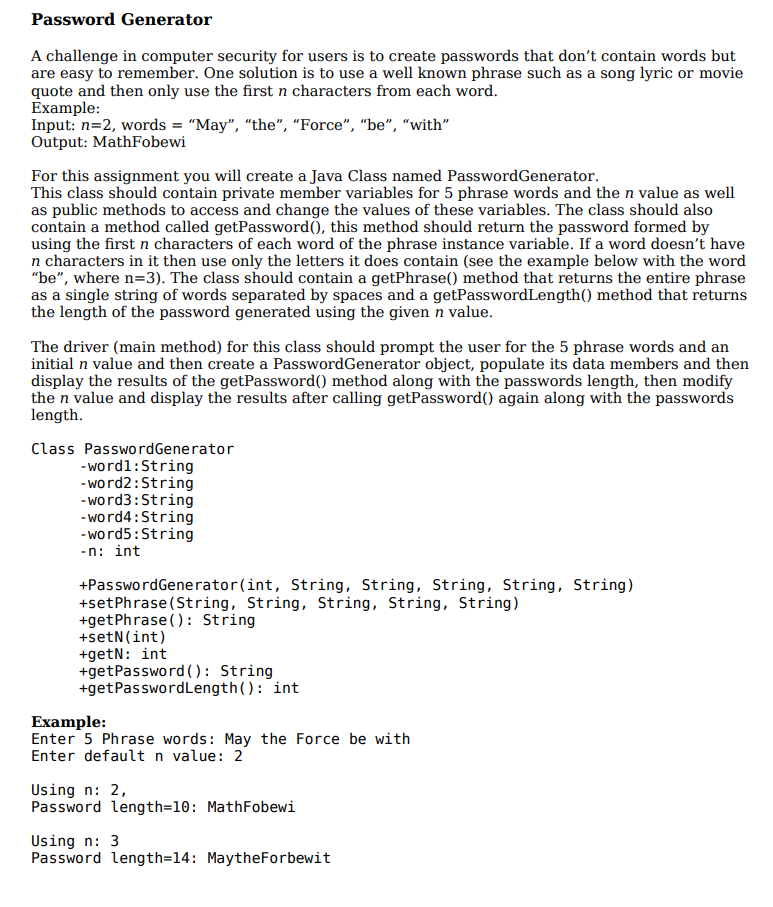 Solved Password Generator A challenge in computer security | Chegg.com