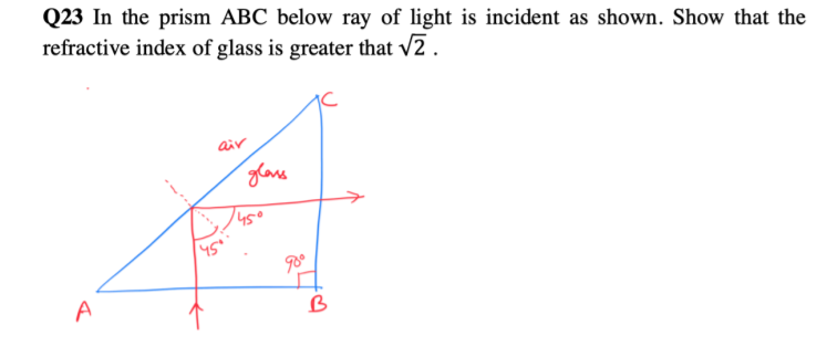 Solved Q23 In the prism ABC below ray of light is incident | Chegg.com