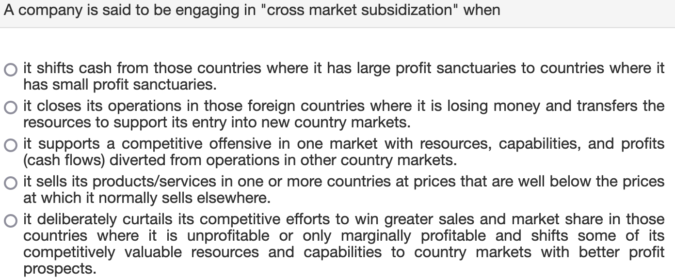 Solved A company is said to be engaging in "cross market | Chegg.com