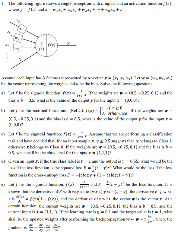 Solved The following figure shows a single perceptron with n | Chegg.com
