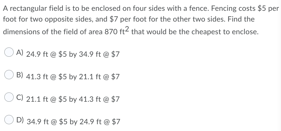 Solved A rectangular field is to be enclosed on four sides | Chegg.com