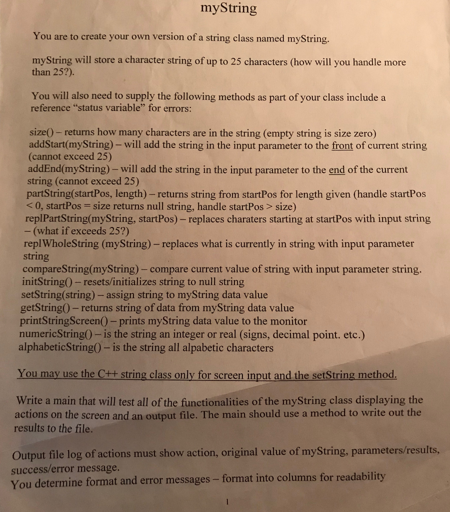 Solved myString You are to create your own version of a | Chegg.com