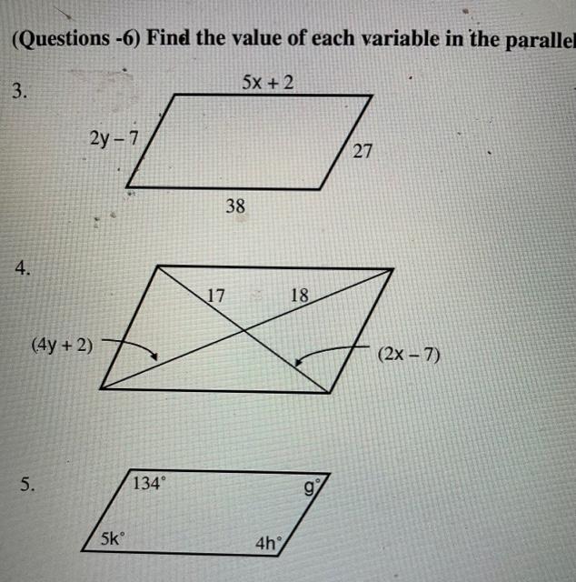 Solved (Questions -6) Find the value of each variable in the | Chegg.com