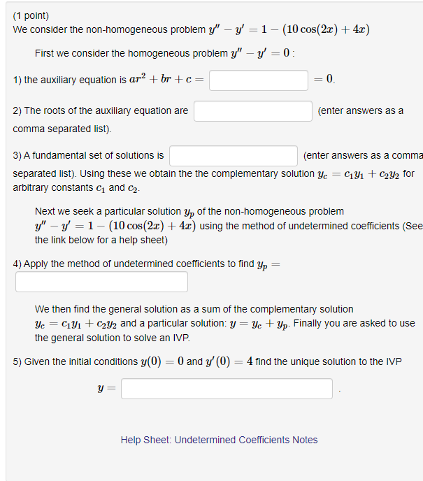 Solved (1 point) We consider the non-homogeneous problem y" | Chegg.com