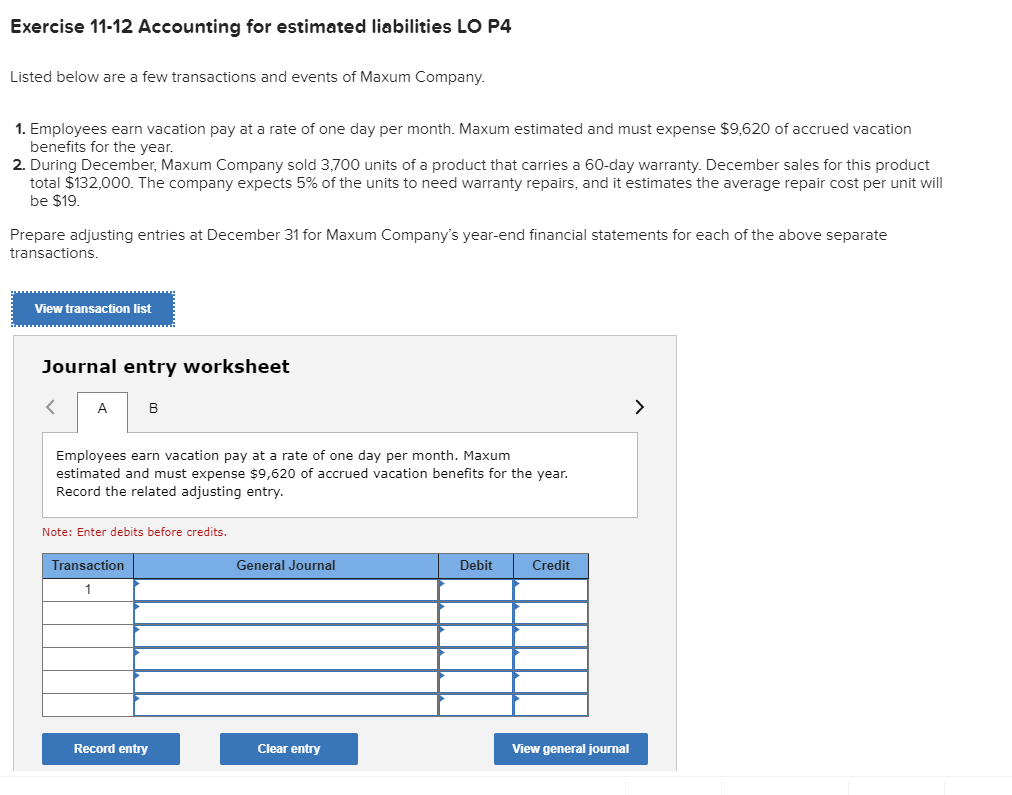 Solved Exercise 11-12 Accounting for estimated liabilities | Chegg.com