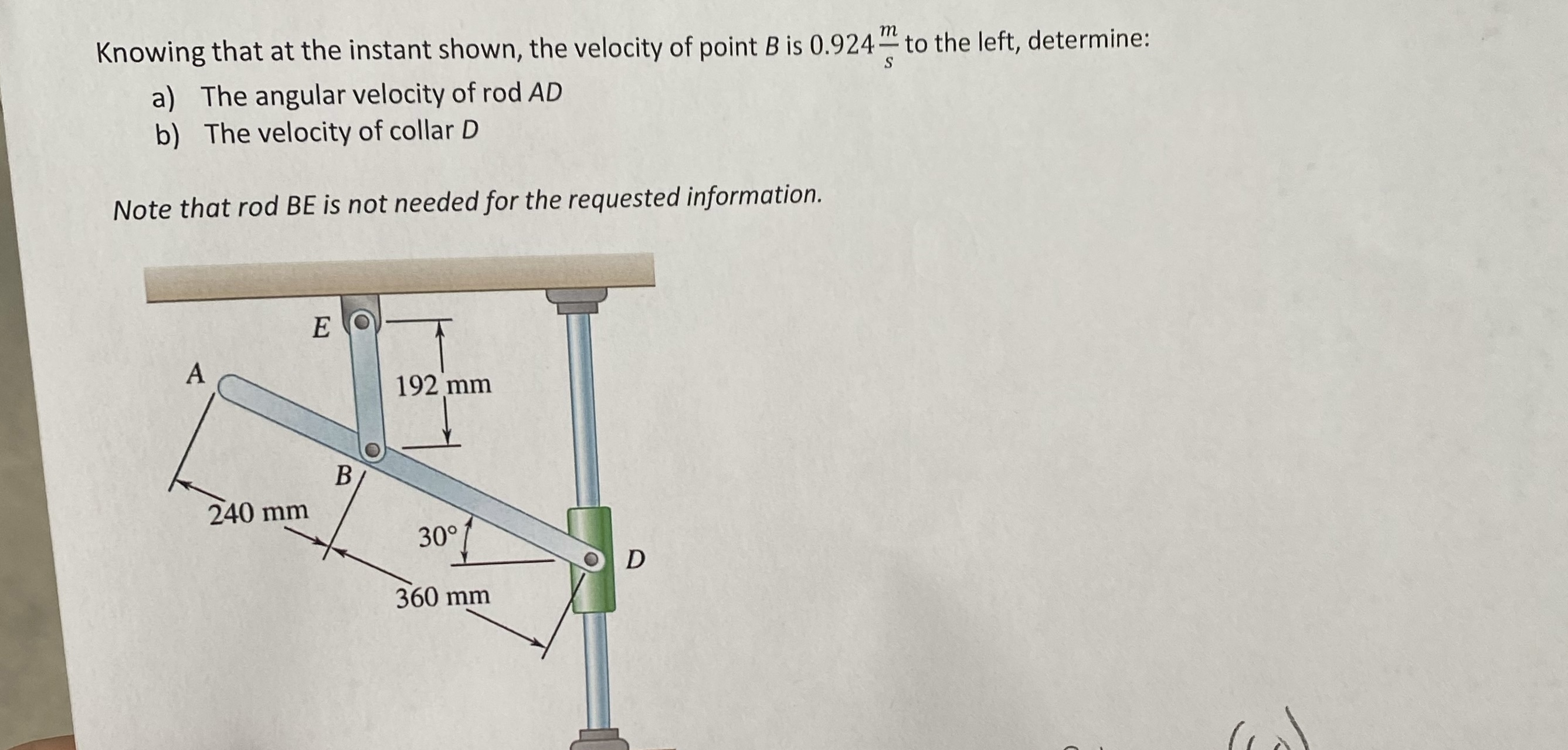 Solved Knowing that at the instant shown, the velocity of | Chegg.com