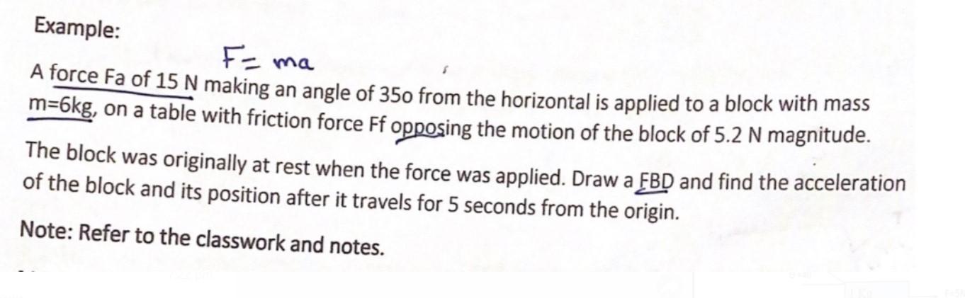 Solved Example: F=ma A force Fa of 15 N making an angle of | Chegg.com