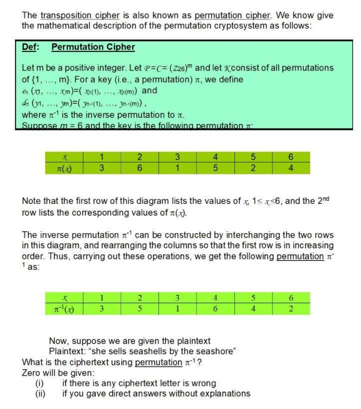 Solved The transposition cipher is also known as permutation | Chegg.com