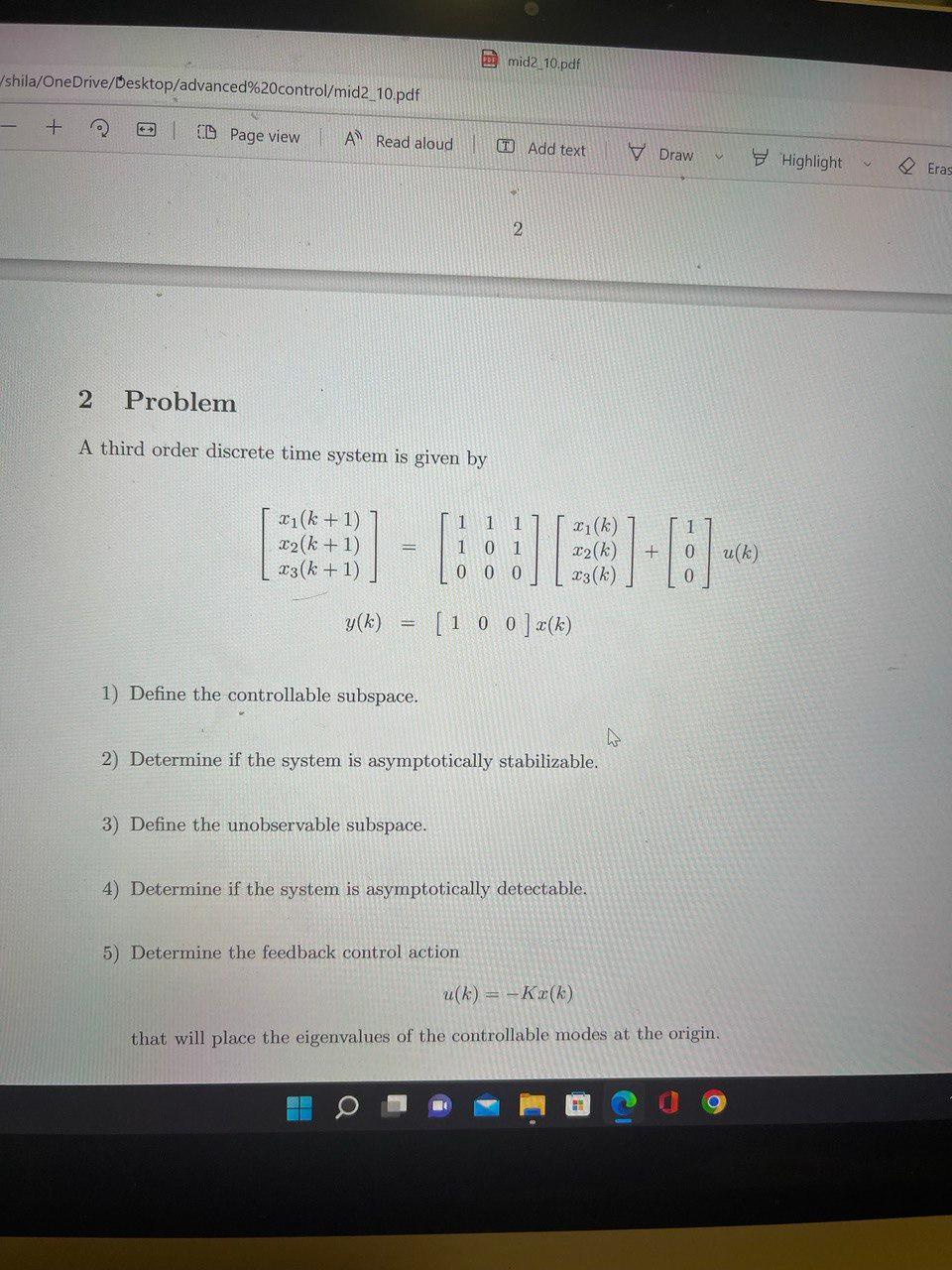 Solved A third order discrete time system is given by | Chegg.com