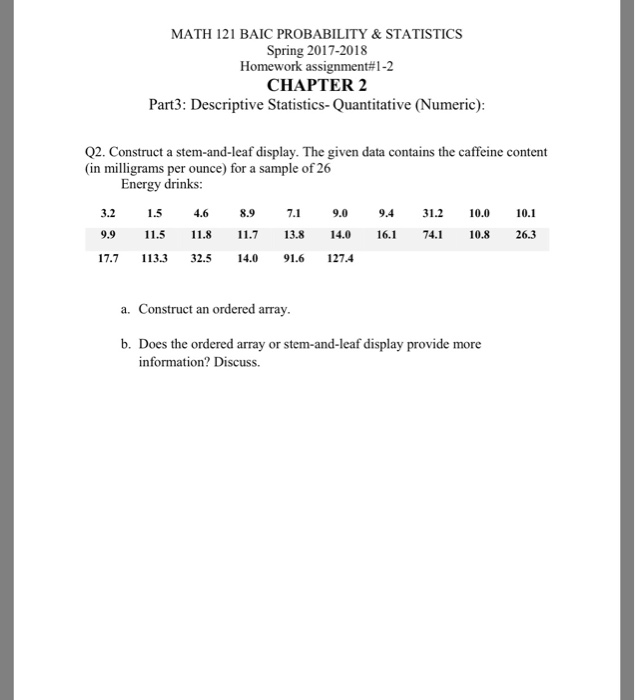 Solved MATH 121 BAIC PROBABILITY&STATISTICS Spring 2017-2018 | Chegg.com