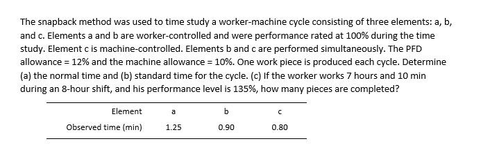 Solved The snapback method was used to time study a | Chegg.com