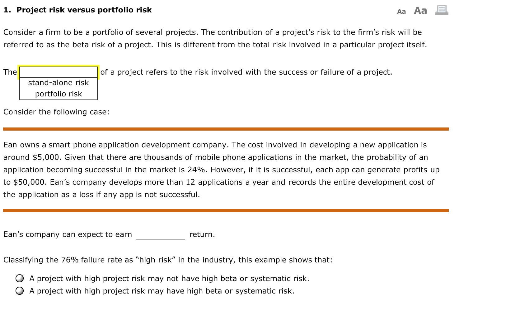 Solved 1. Project risk versus portfolio risk Aa Aa E | Chegg.com