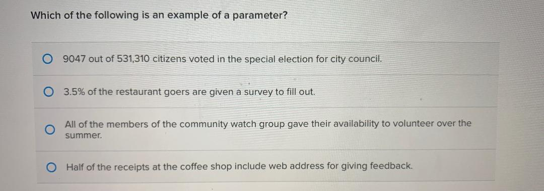 Solved Which of the following is an example of a parameter? | Chegg.com