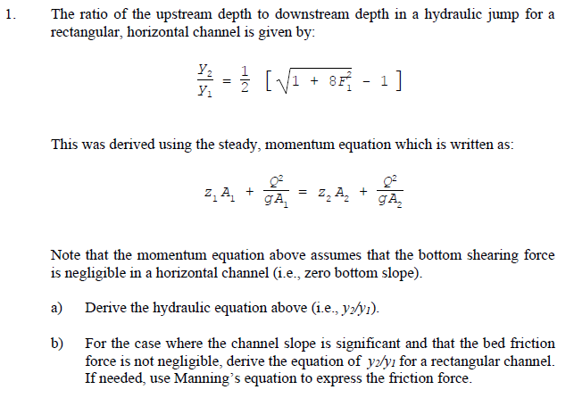 Solved a. Derive the hydraulic equation above (i.e., y2/y1). | Chegg.com