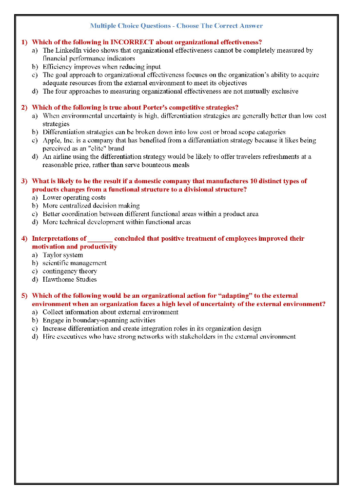 Solved Multiple Choice Questions - Choose The Correct Answer | Chegg.com