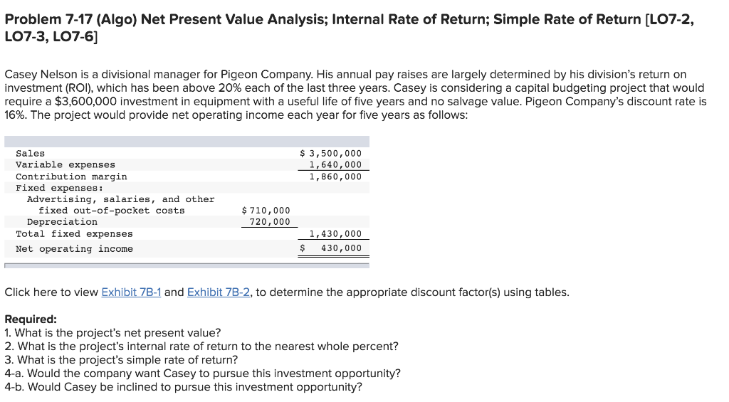 Solved Problem 7-17 (Algo) Net Present Value Analysis; | Chegg.com